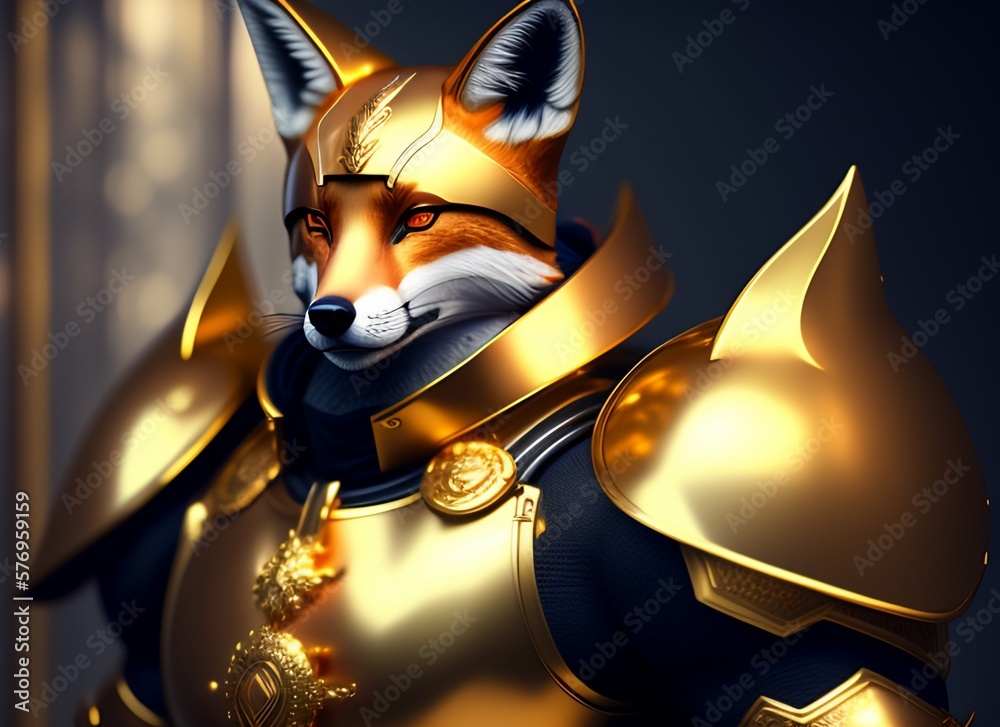 closeup portrait of a male humanoid fox wearing heavy gold combat armor ...