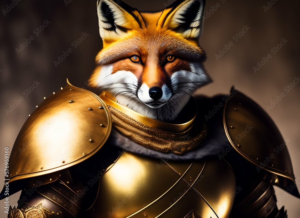 closeup portrait of a male humanoid fox wearing heavy gold combat armor ...