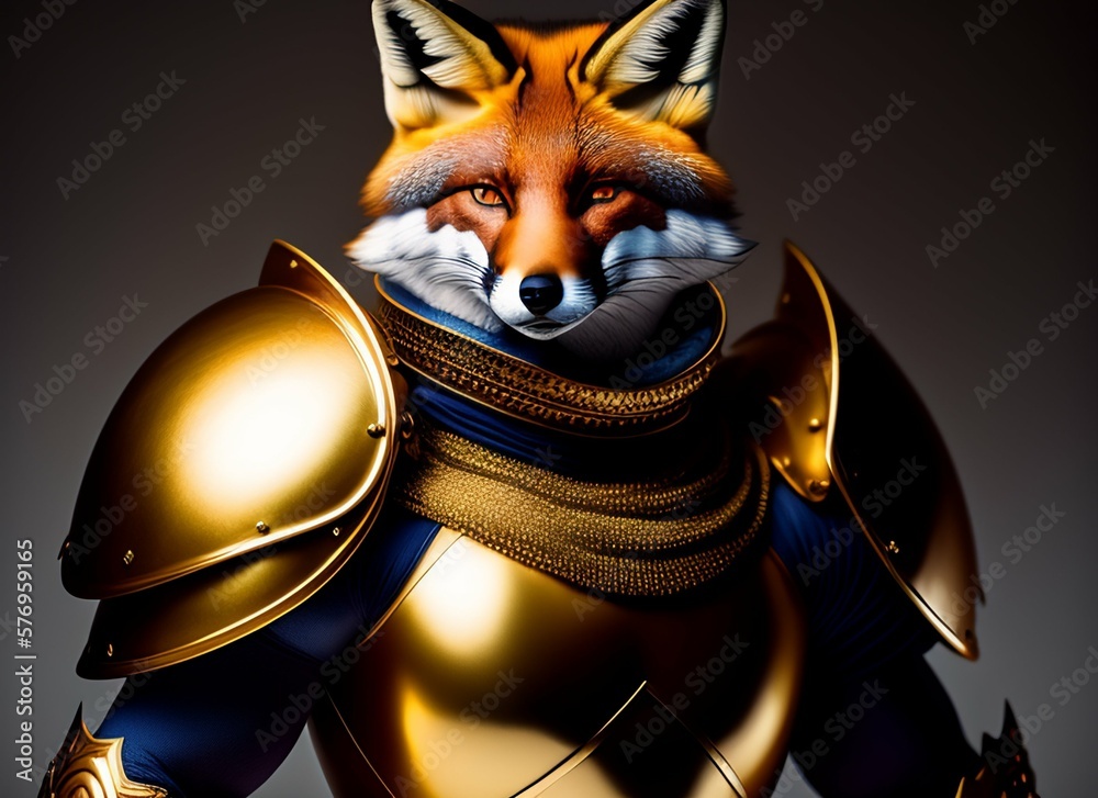 closeup portrait of a male humanoid fox wearing heavy gold combat armor ...
