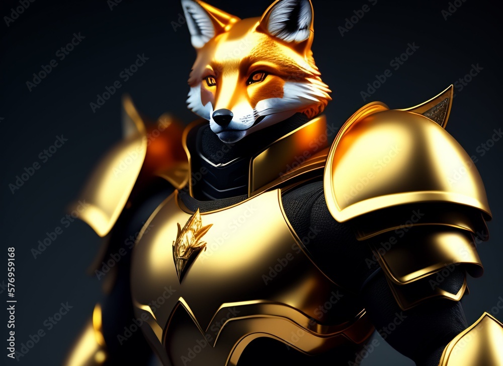 closeup portrait of a male humanoid fox wearing heavy gold combat armor ...