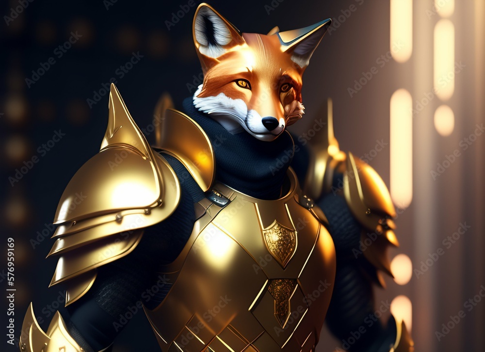 closeup portrait of a male humanoid fox wearing heavy gold combat armor ...