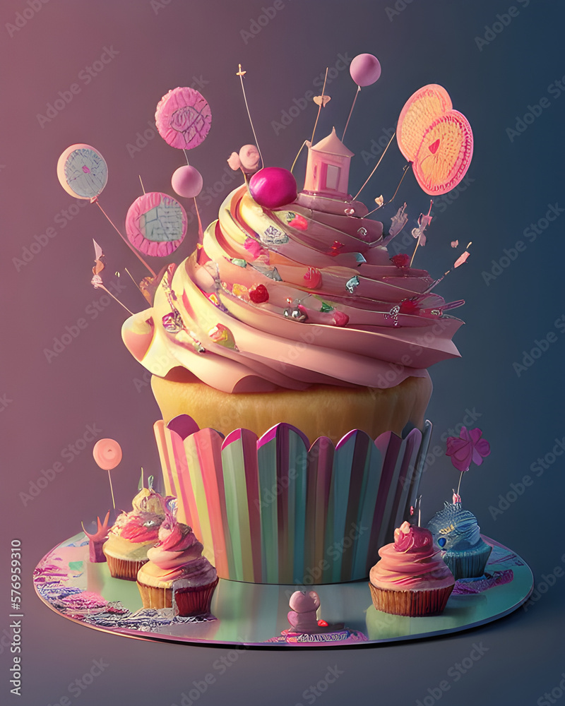 Editorial 3D Photoillustration of Whimsical Cupcake, Dessert. Product ...