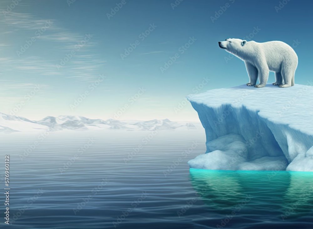 A polar bear sits on an iceberg in arctic waters, where a floating ice ...
