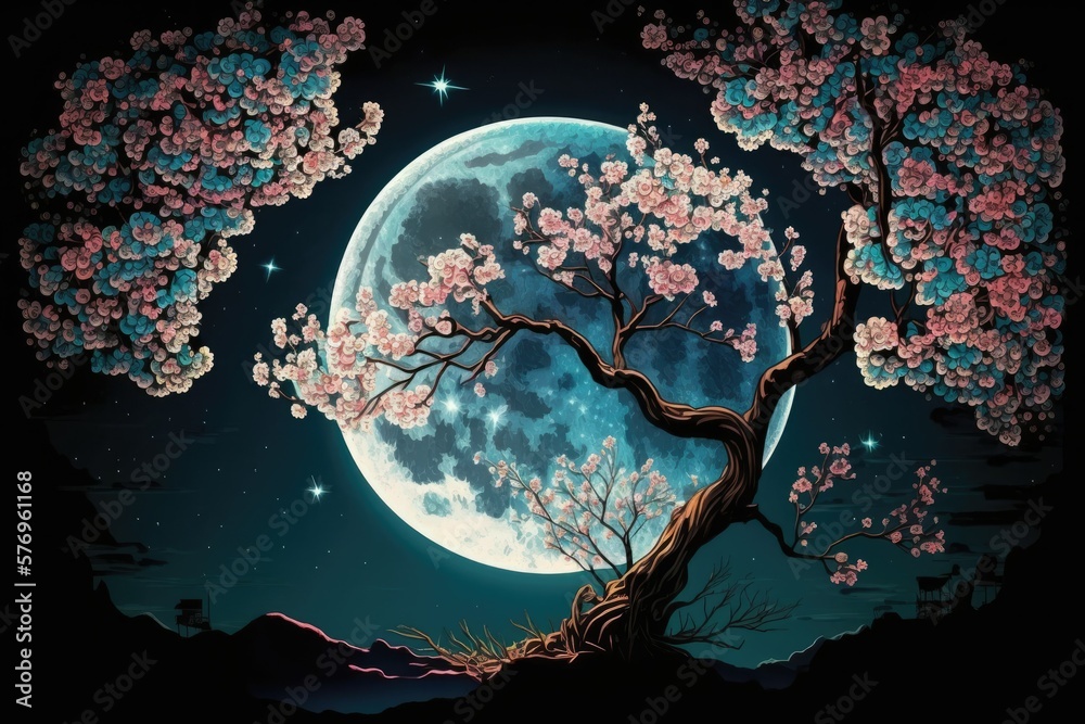 Beautiful cherry blossom (sakura) blooms against a starry night sky and ...