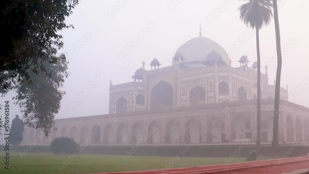 humayun tomb at misty morning from unique perspective shot is taken at ...