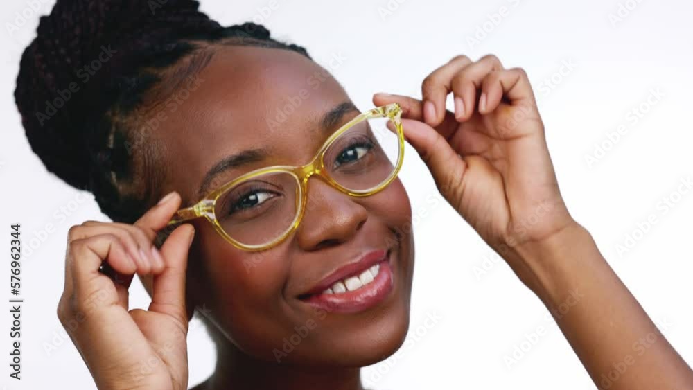 Vidéo Stock Face, black woman and glasses for vision, happiness and ...