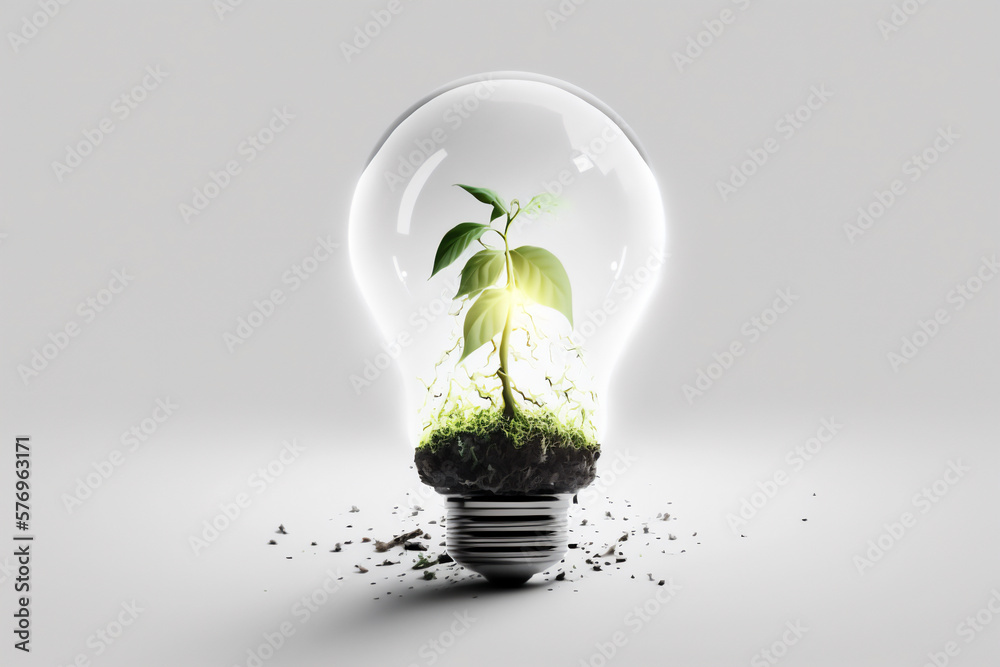 Small plant growing inside a light bulb in white background with ...