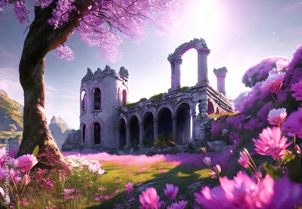 Fantasy elf ruins landscape at the dawn, flower field, big castle ruins ...