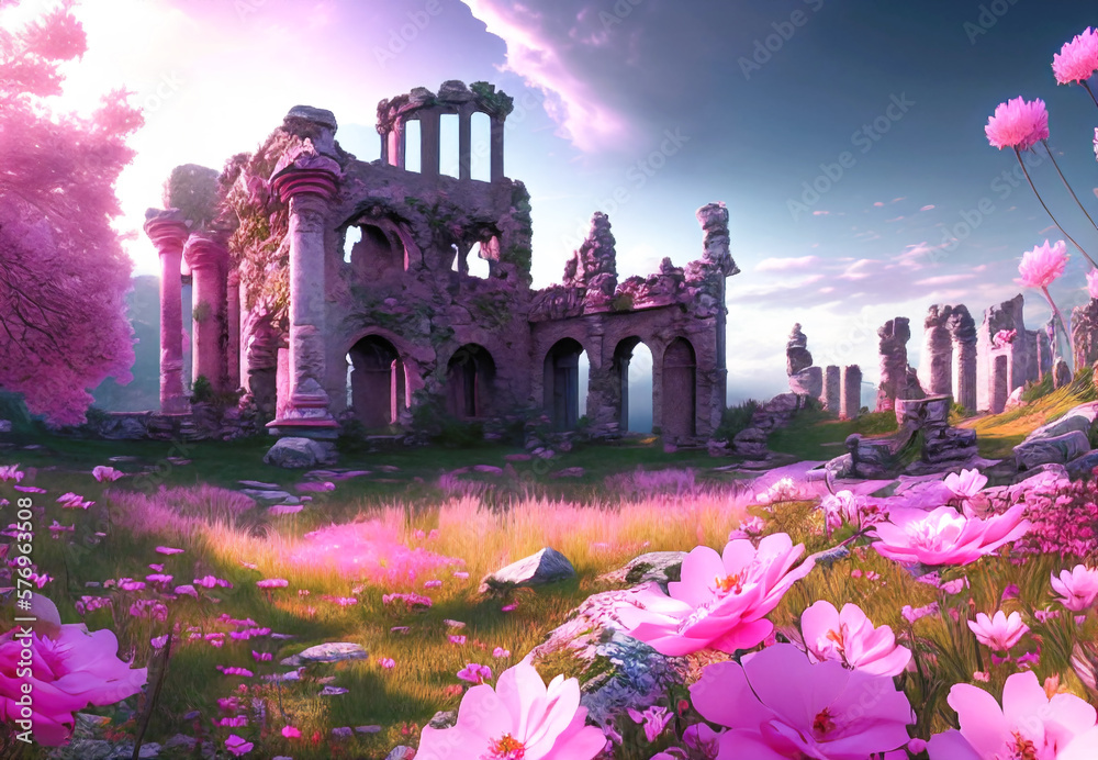 Fantasy elf ruins landscape at the dawn, flower field, big castle ruins ...