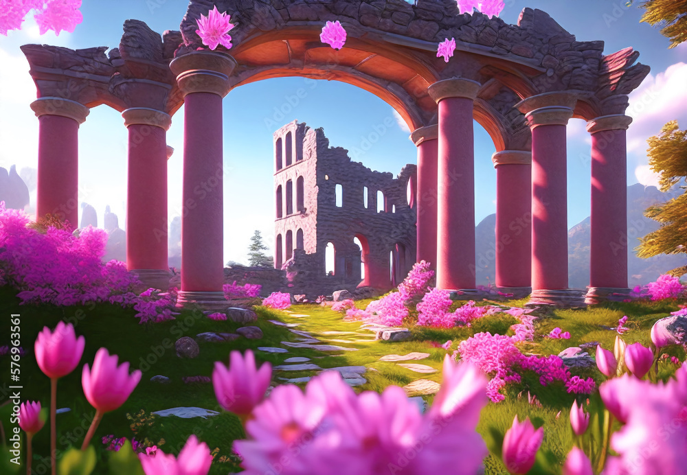 Fantasy elf ruins landscape at the dawn, flower field, big castle ruins ...