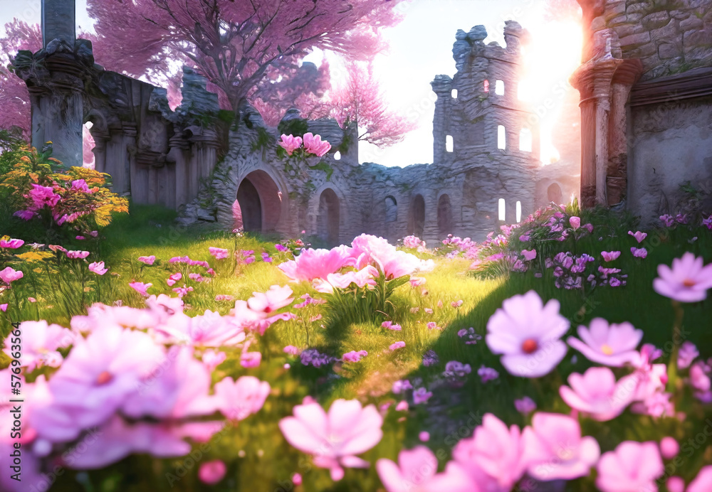 Fantasy elf ruins landscape at the dawn, flower field, big castle ruins ...