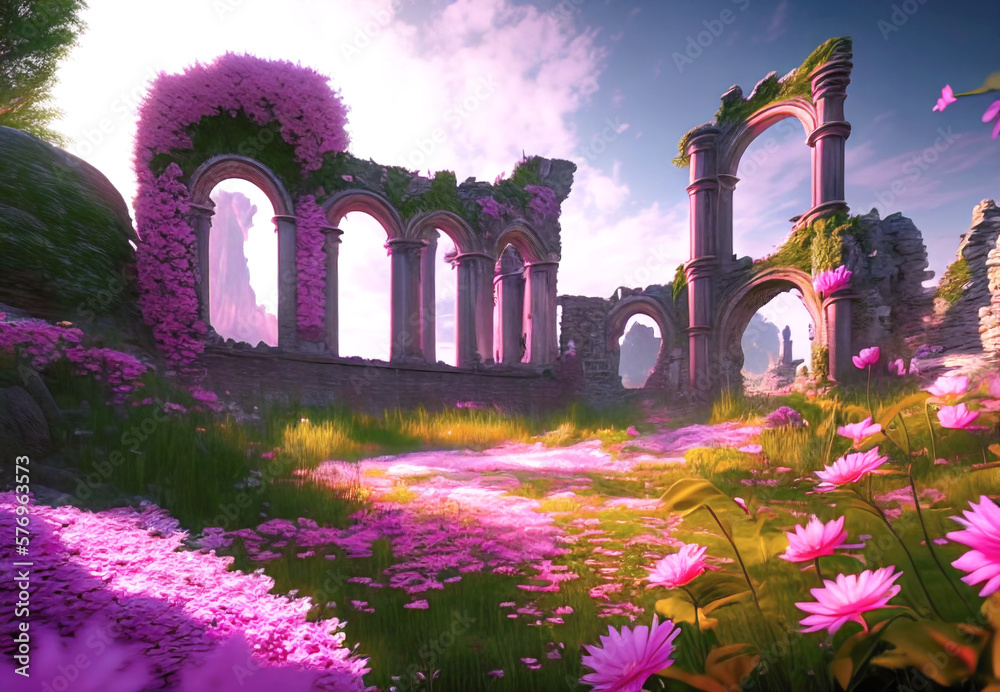 Fantasy elf ruins landscape at the dawn, flower field, big castle ruins ...