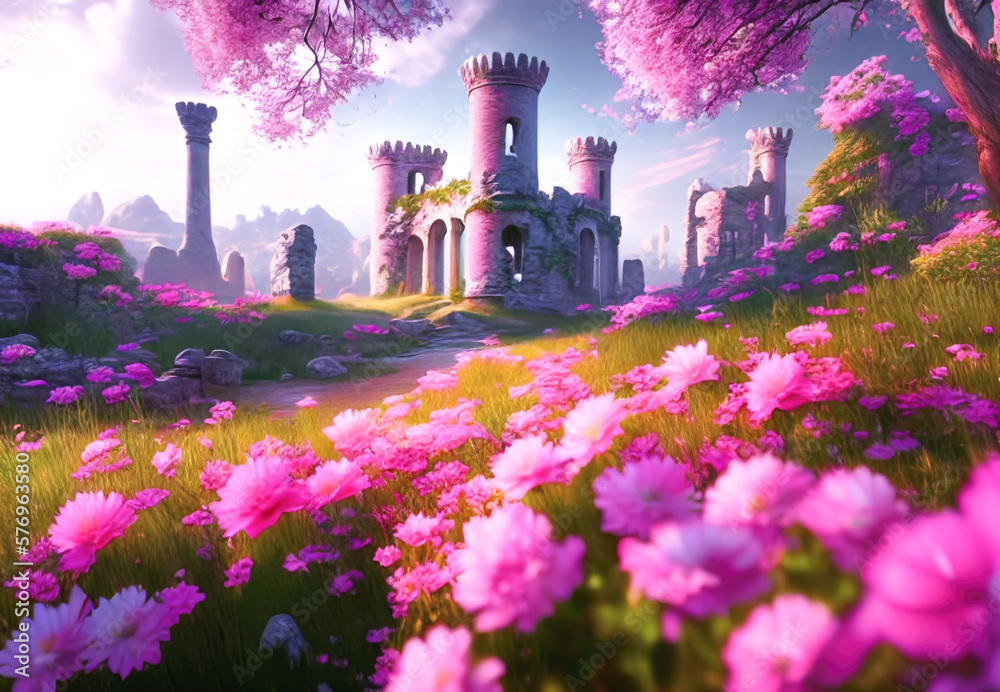 Ilustracja Stock: Fantasy elf ruins landscape at the dawn, flower field ...