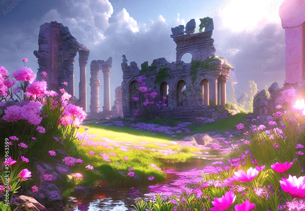 Fantasy elf ruins landscape at the dawn, flower field, big castle ruins ...