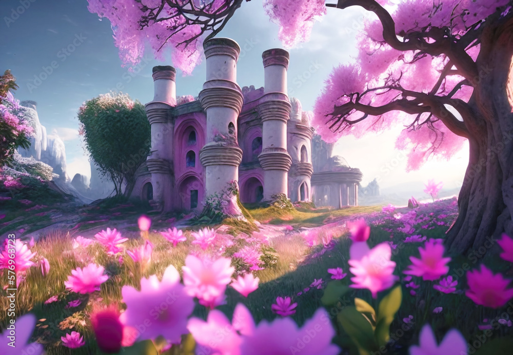 Fantasy elf ruins landscape at the dawn, flower field, big castle ruins ...