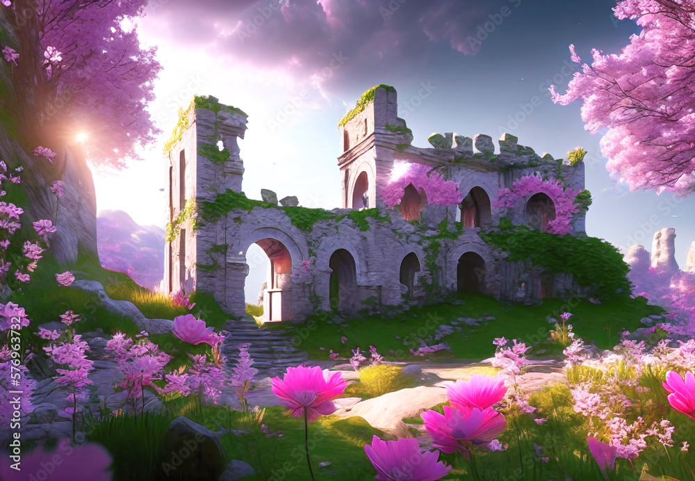 Fantasy elf ruins landscape at the dawn, flower field, big castle ruins ...