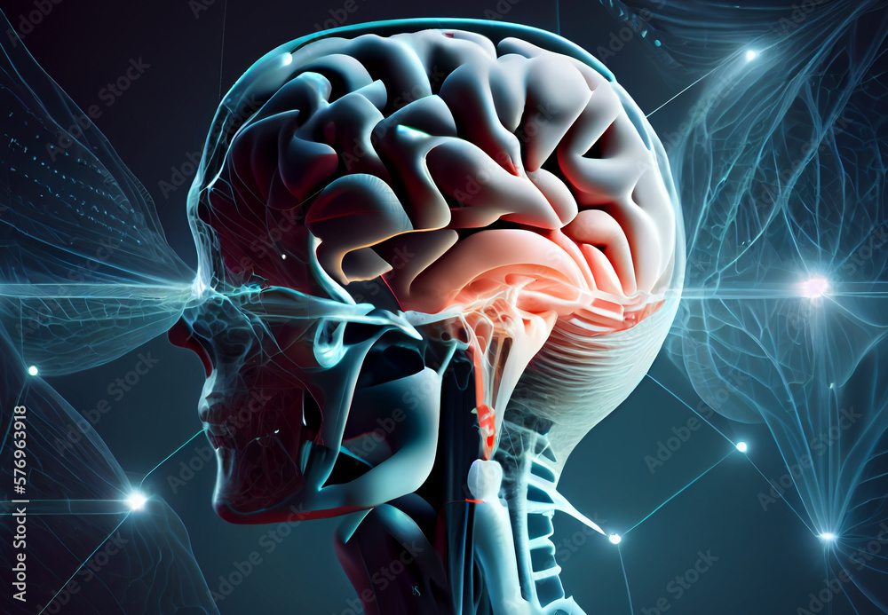 Very realistic image of a human brain glowing with symbols of ...