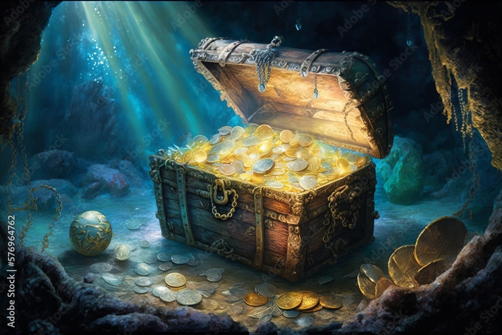 treasure chest with gold coins and light rays. Generative AI Stock ...
