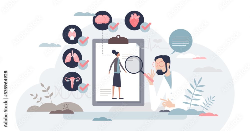 Medical check up and organ health inspection or diagnosis tiny person ...