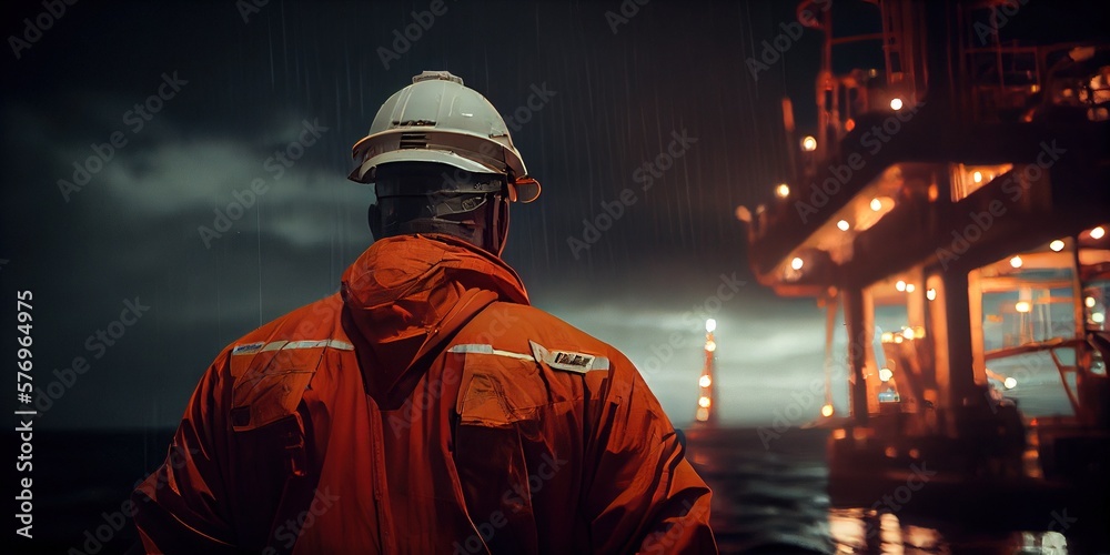 Industrial worker in orange overall and white helmet watches the work ...
