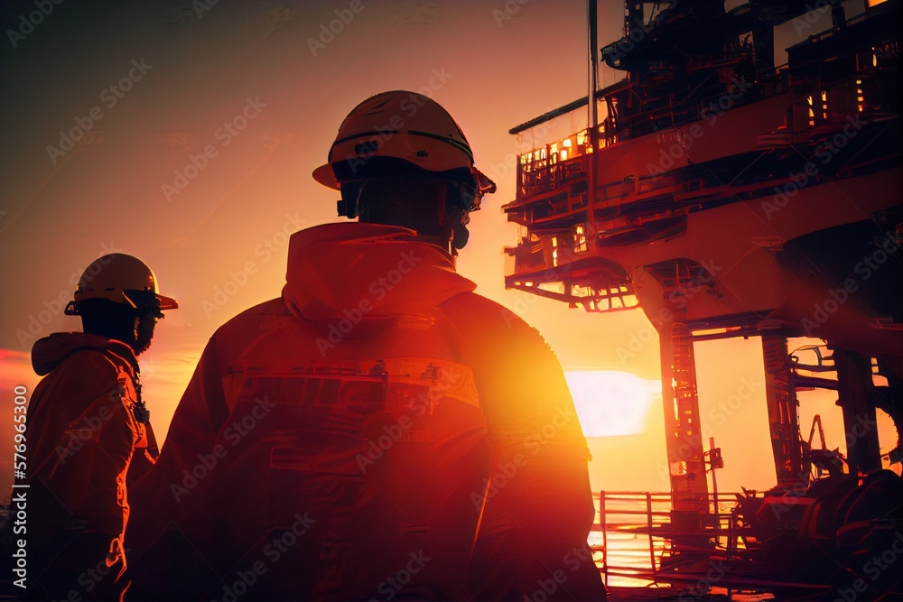 Industrial worker in orange overall and white helmet watches the work ...