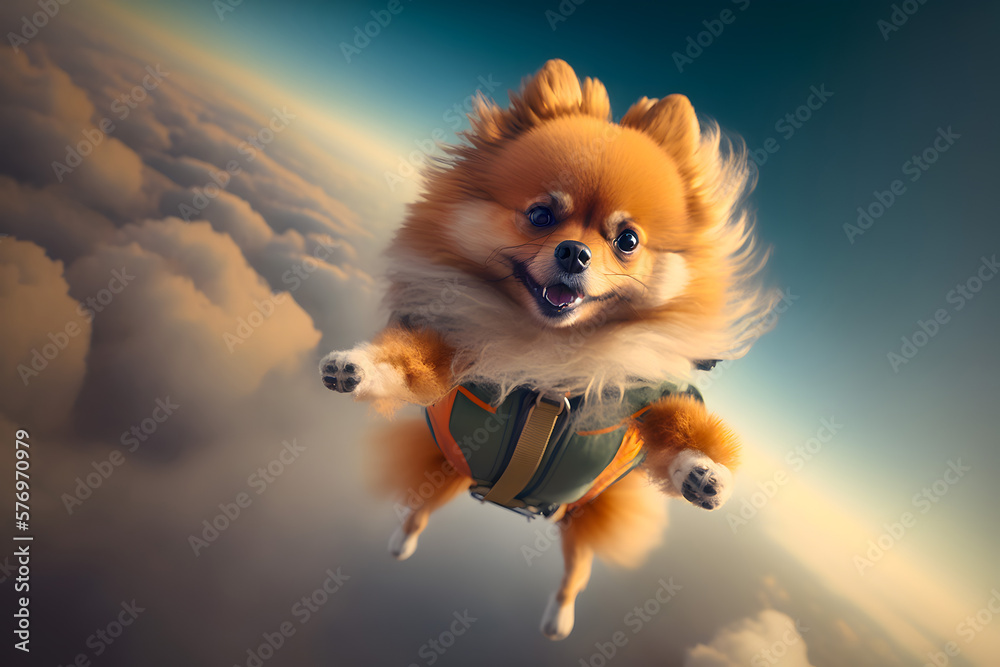 Athletes pomeranian spitz dog frightened muzzle skydivers in suit jump ...