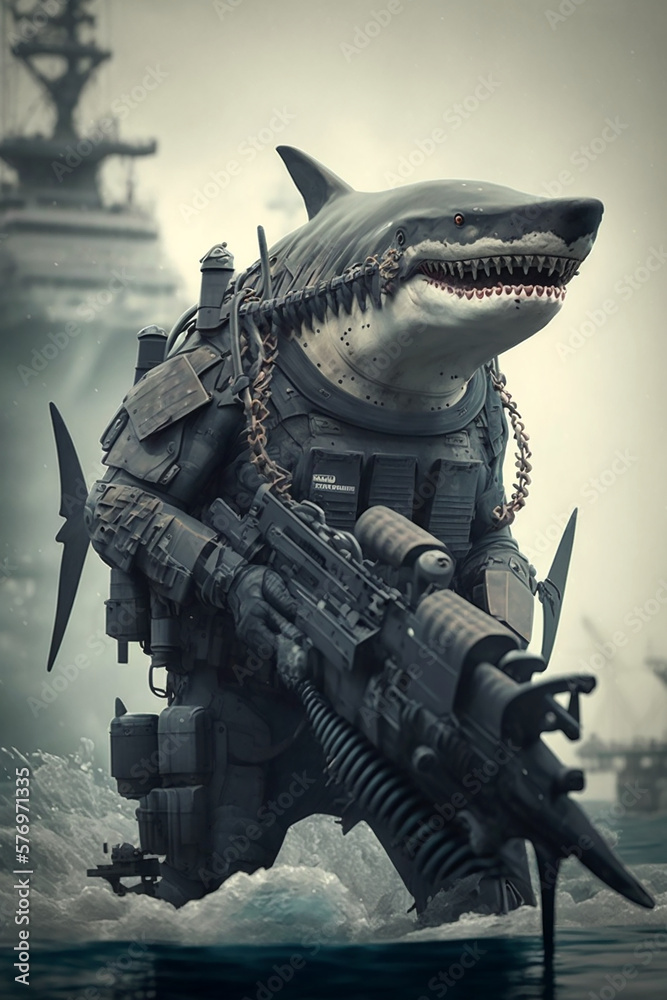 Great white shark as US-Marine with full combat armour and gun. Created ...