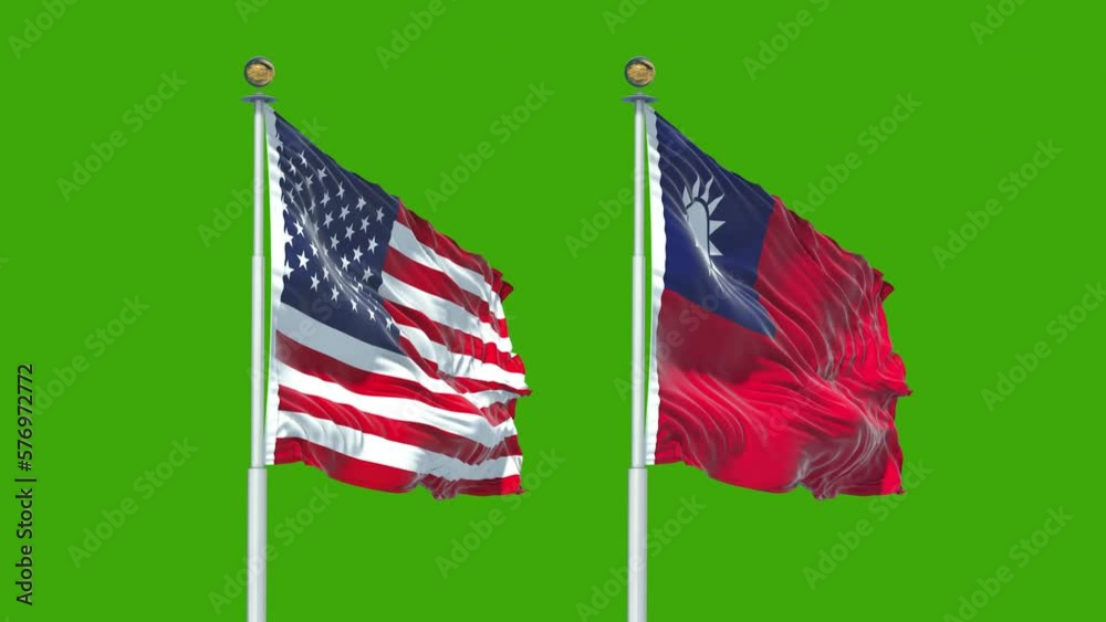 The America and Taiwan flag are flying on a green screen background ...