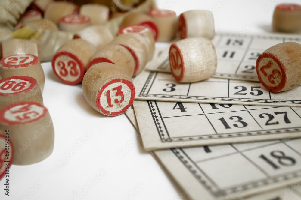 Elements of a lotto game. An old lotto game on a white background ...