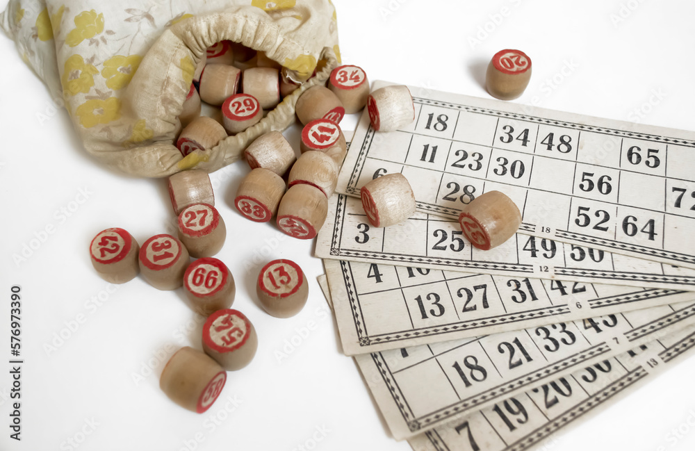Elements of a lotto game. An old lotto game on a white background ...