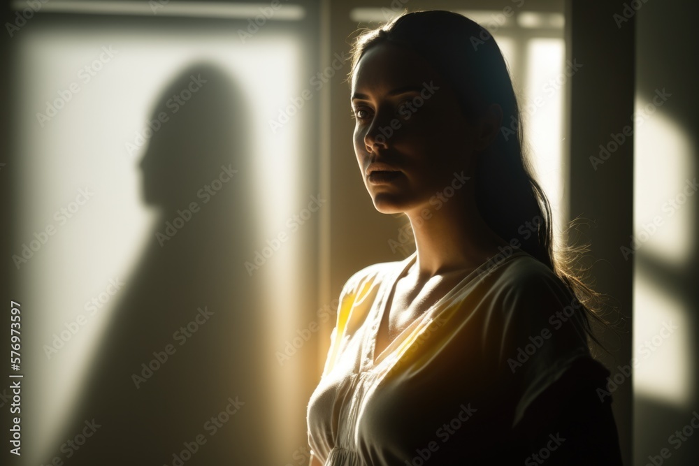 A woman standing in front of a window with a shadow of a person behind ...