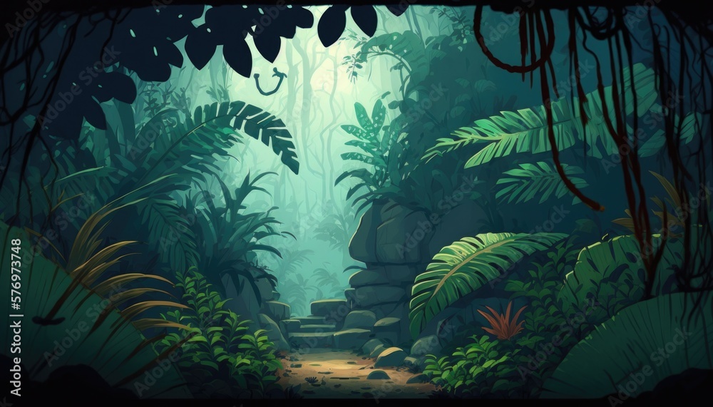 A jungle scene with a path through the jungle and lots of plants and ...