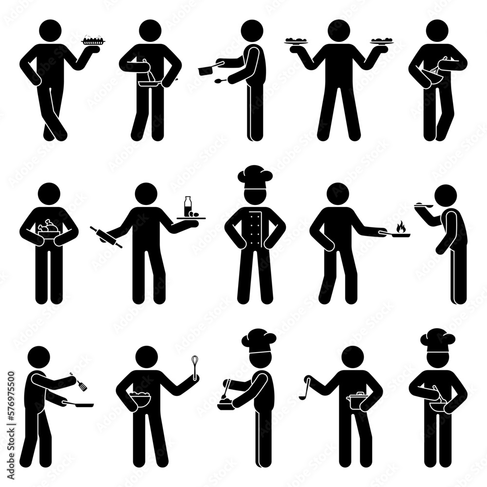 Stick figure man, person, human with kitchen utensils vector set ...