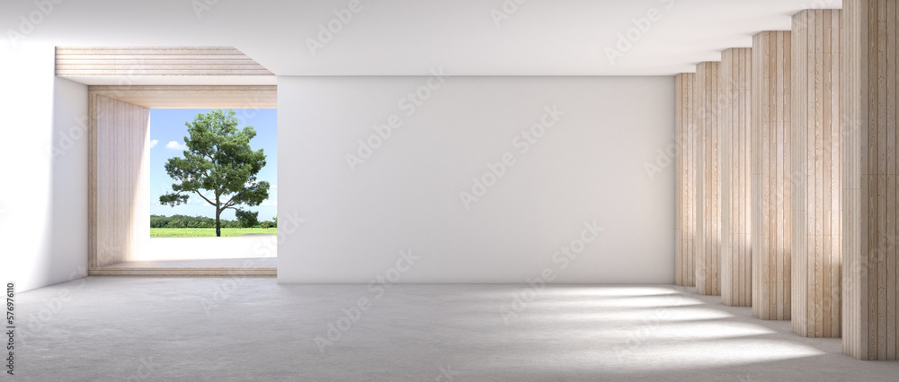 Poster Interiors empty hall, concrete floor, white walls, wooden ...