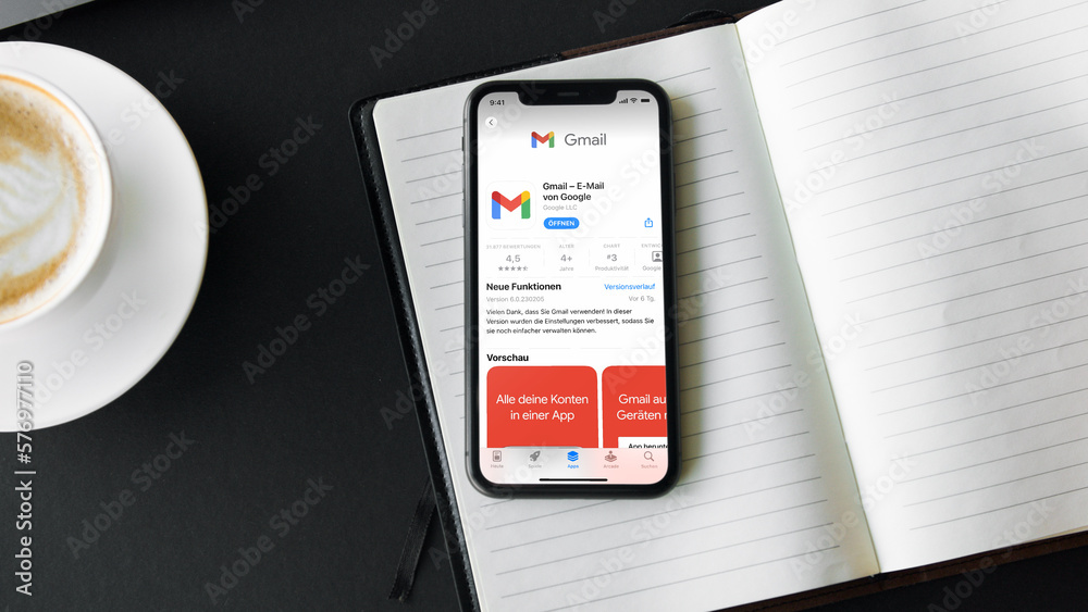 Mobile phone with Gmail App Store screen Stock Photo | Adobe Stock
