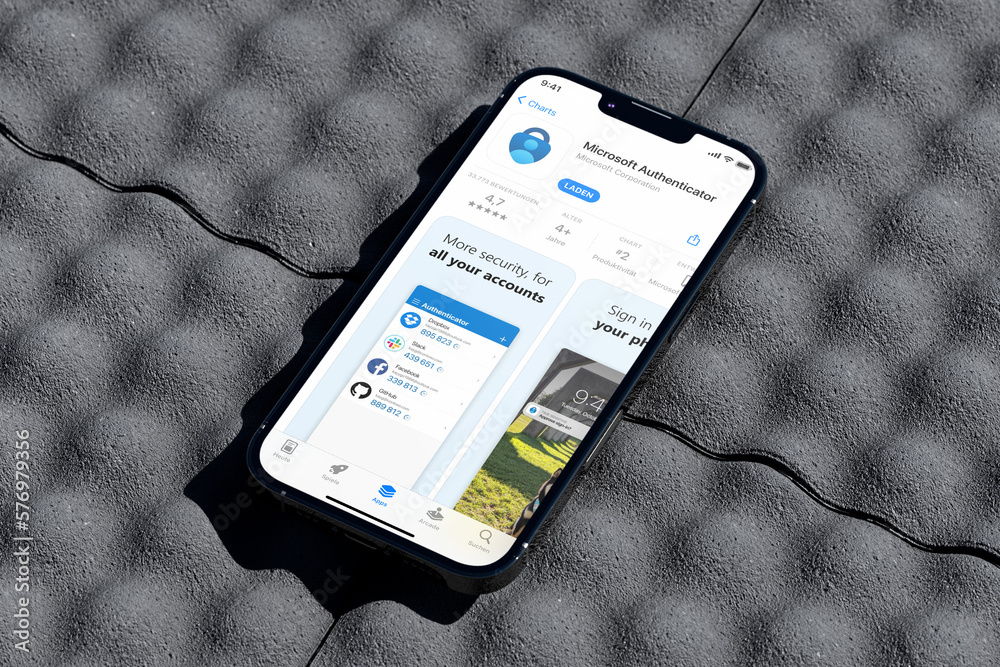 Mobile phone with Microsoft Authenticator App Store screen Stock Photo ...