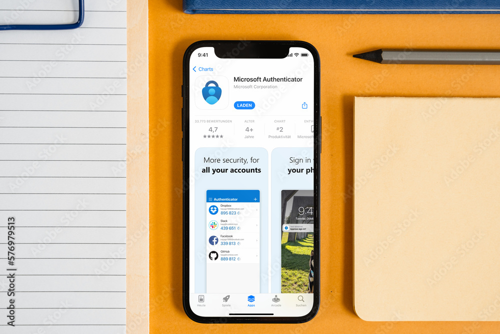 Mobile phone with Microsoft Authenticator App Store screen Stock Photo ...
