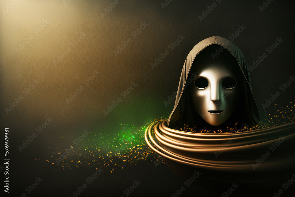 Mysterious figure with a steel shiny expressionless mask, with a dark ...