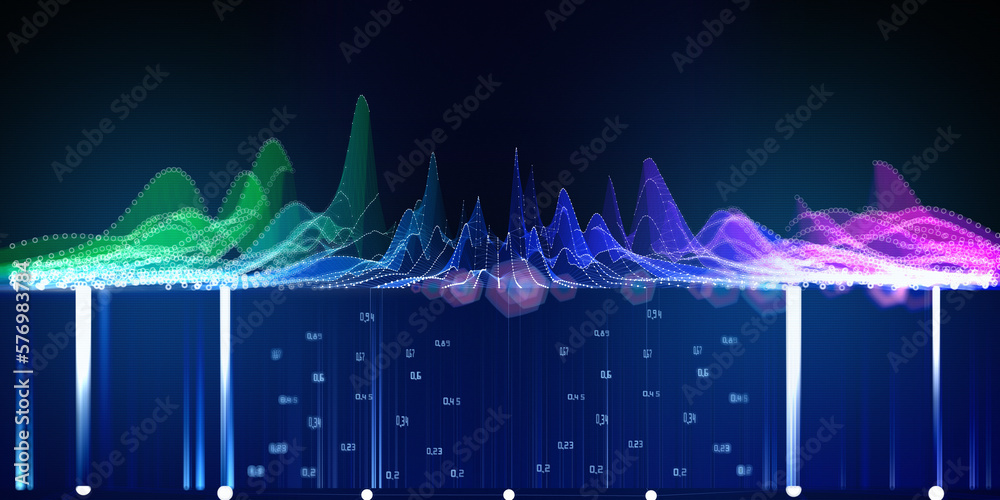 Abstract background color wavy graph from dotted guides with blurred lines defocus. Technology ...
