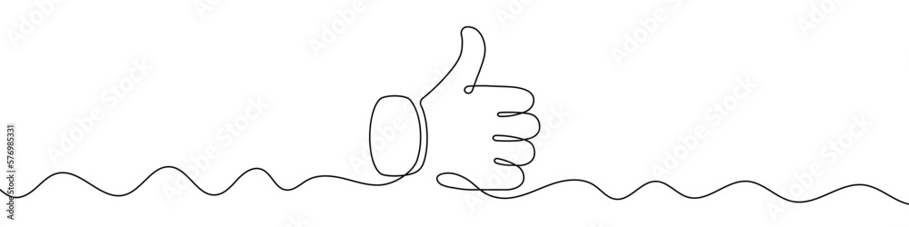 Continuous line drawing of like icon. Thumb up in one line drawing. One ...