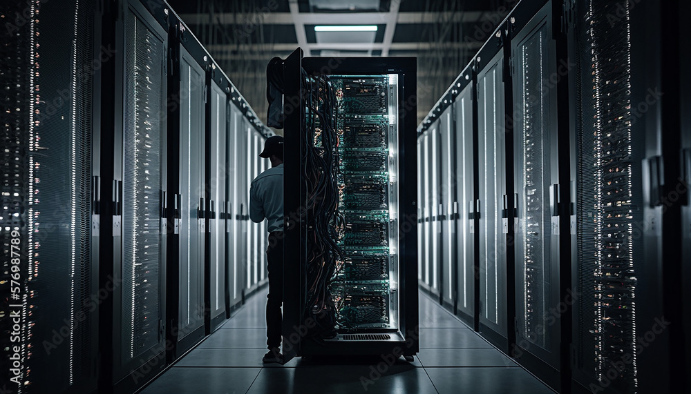 A cloud server floating in the center of a large, dark data center ...