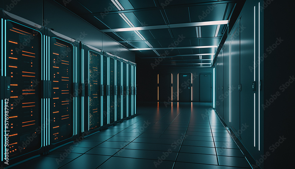 A high-tech data center with rows and rows of server racks, each with blinking lights and a hum ...