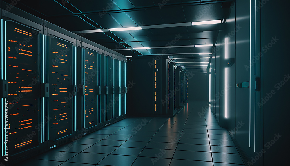A high-tech data center with rows and rows of server racks, each with ...