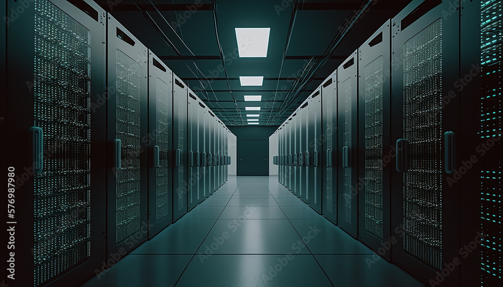 A High Tech Data Center With Rows And Rows Of Server Racks Each With Blinking Lights And A Hum