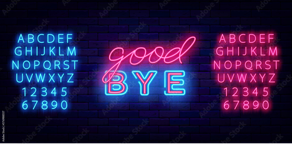 Good bye neon label on brick wall. Glowing lettering. Close sign ...