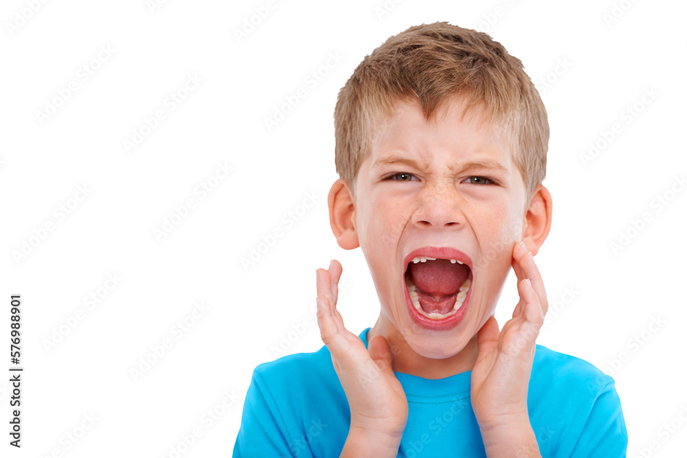 A boy exhibiting a frustrated expression, crying, shouting in anger ...