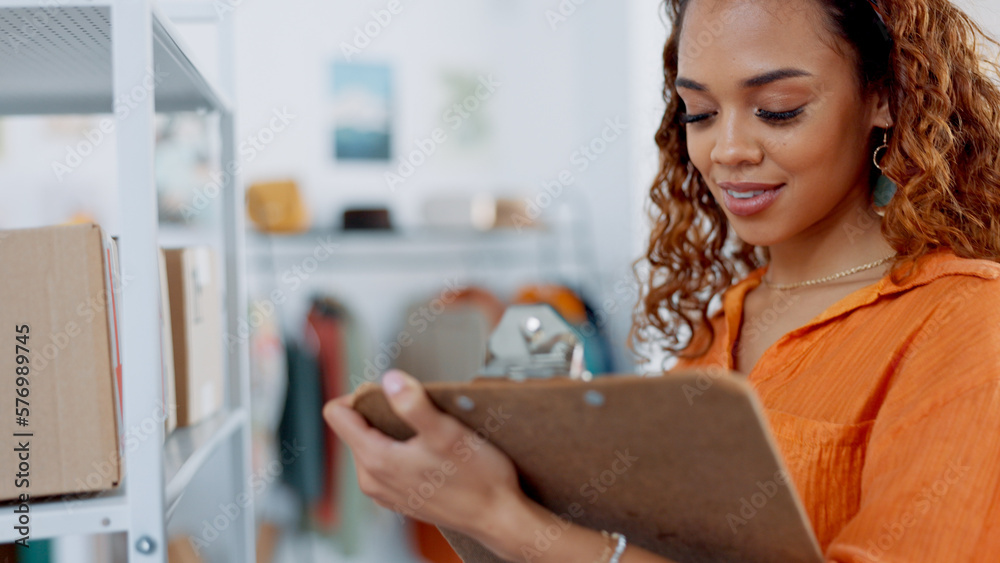 Stock take, inventory count and woman writing on clipboard tracking ...
