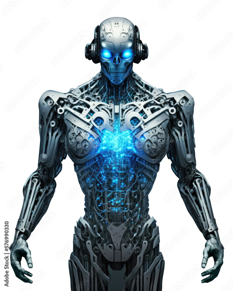 A humanoid robot with a metallic silver body on transparent background ...
