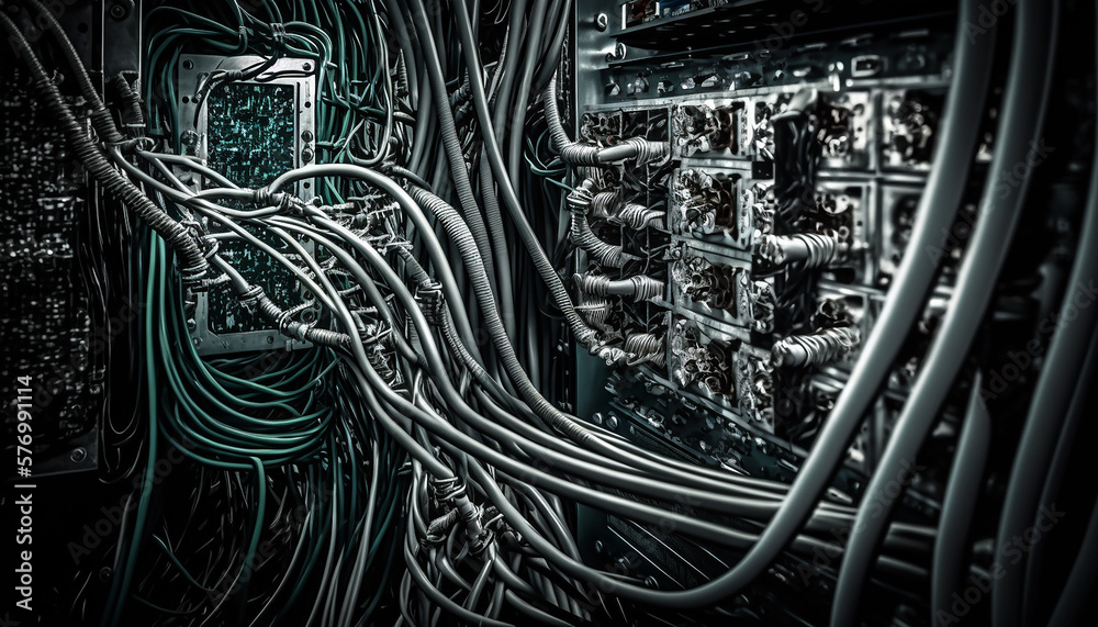 Data Center, A maze of tangled cables that run between towering racks ...