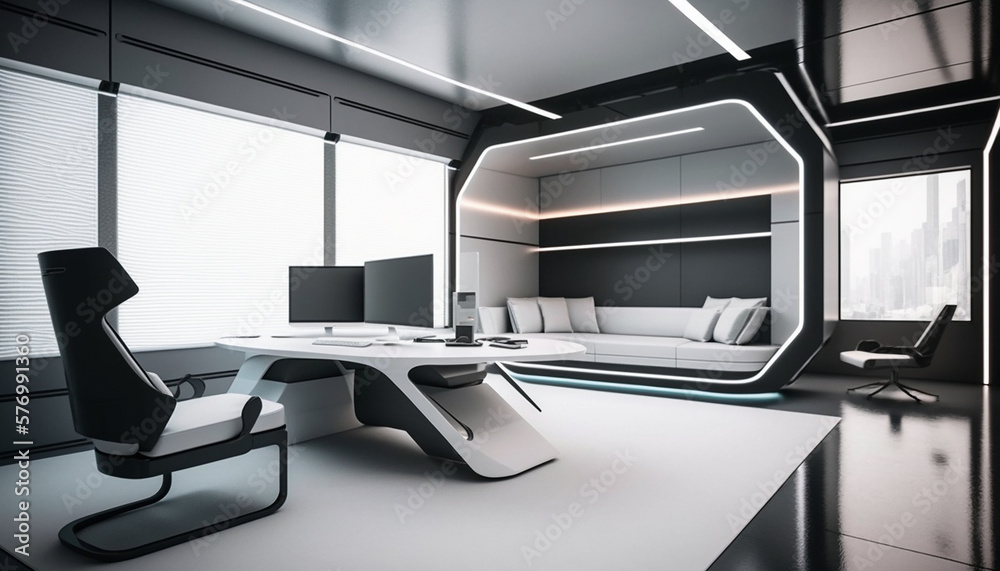 Futuristic Office Room, A minimalist office space with sleek and glossy ...